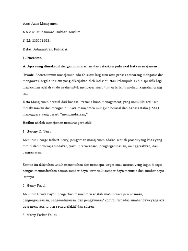 Azas Manajemen UTS - 2202016031 - Muhammad Bukhari Muslim | PDF