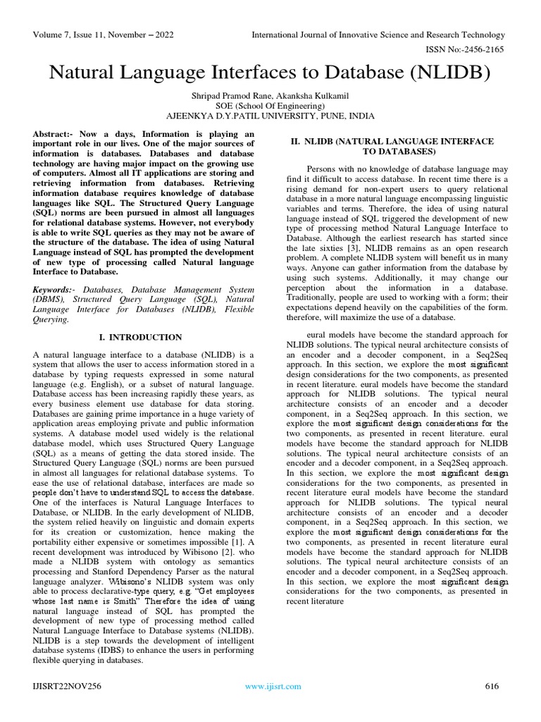 Natural Language Interfaces To Database (NLIDB) PDF | PDF | Databases | Sql
