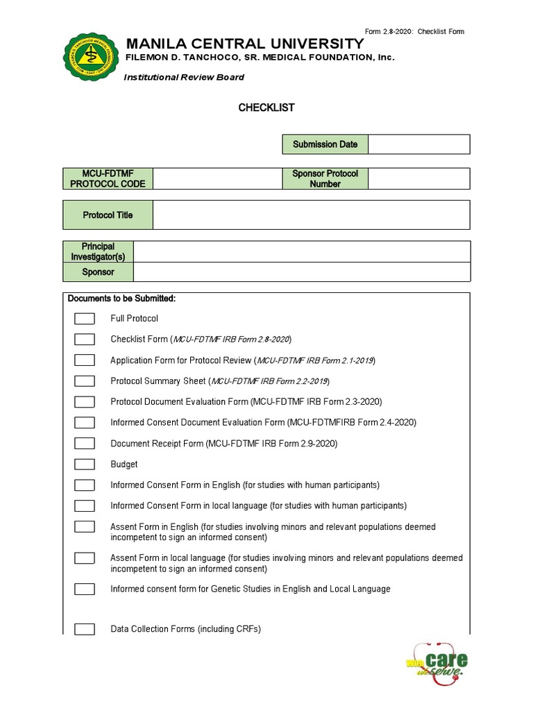MCU IRB Submission Checklist 2020 | PDF | Institutional Review Board ...