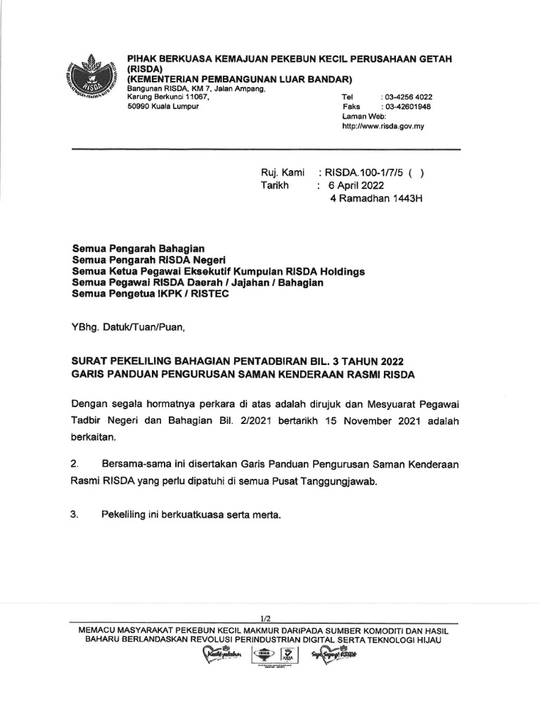 Surat Pekeliling Bahagian Pentadbiran Bil. 3 Tahun 2022 Garis Panduan ...