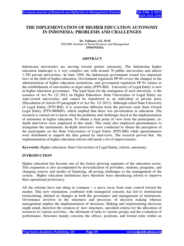 Full Paper THE IMPLEMENTATION OF HIGHER EDUCATION AUTONOMY | PDF ...