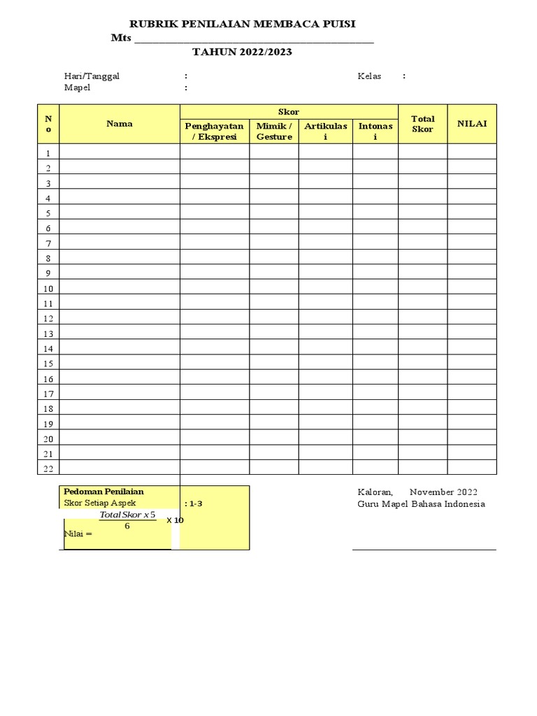 Rubrik Penilaian Membaca Puisi | PDF