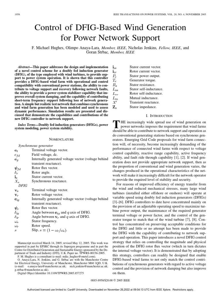 Control Of Dfig Based Wind Generation For Power Network Support Pdf