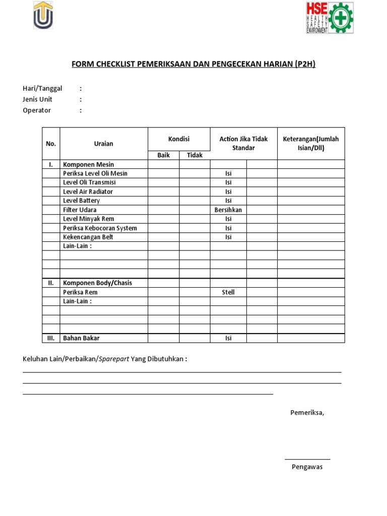 FORM CHECKLIST P2H Heavy Equipment | PDF