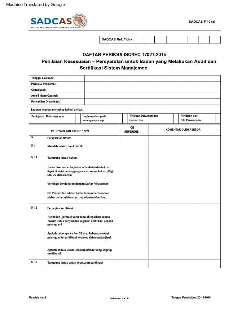 Checklist ISO IEC 17021-2015 Conformity Assessment | PDF