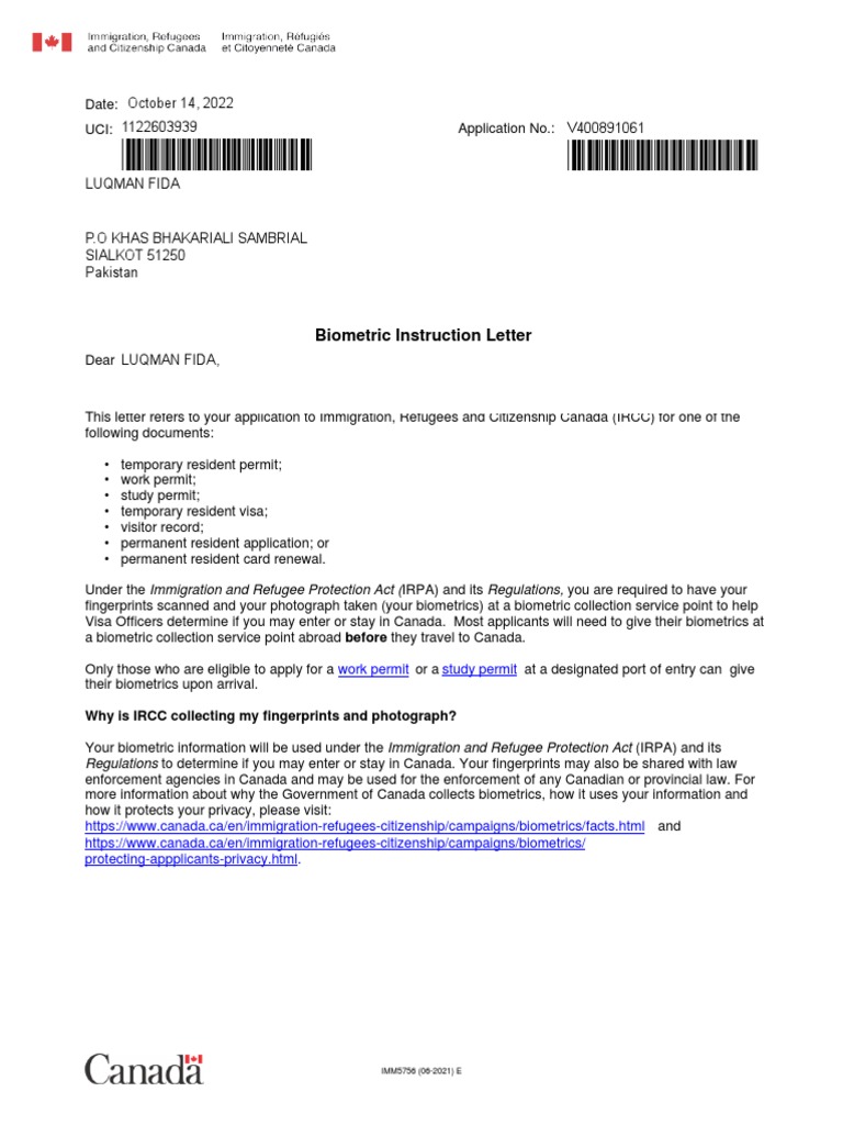 Biometric Collection Letter | PDF | Government | International Relations