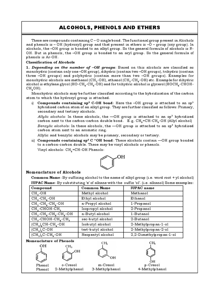 Alcohol Phenols and Ethers | PDF | Ether | Aldehyde