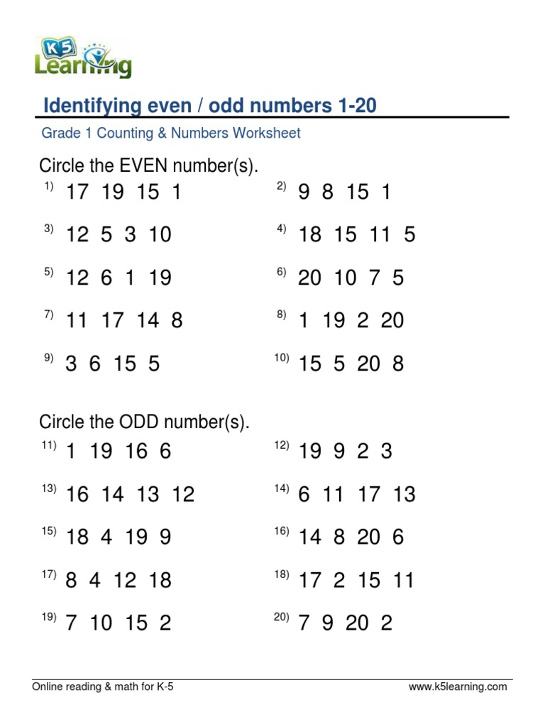 Identifying even odd numbers 1-20 worksheet | PDF