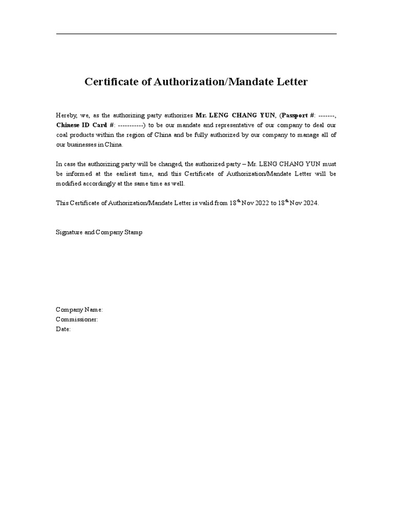 Authorization Letter - Mandate Letter | PDF