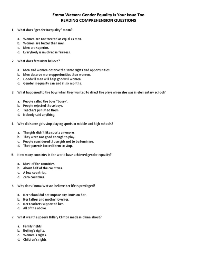 Emma Watson Speech Comprehension | PDF | Gender | Gender Studies
