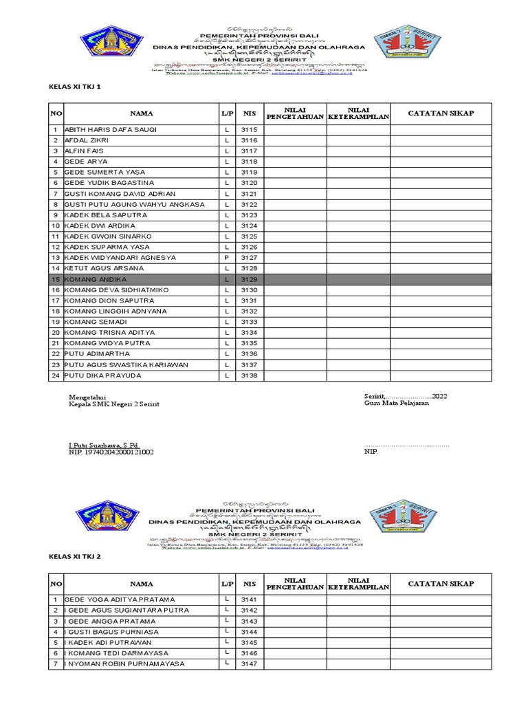 Daftar Nilai Kelas Xi Pdf