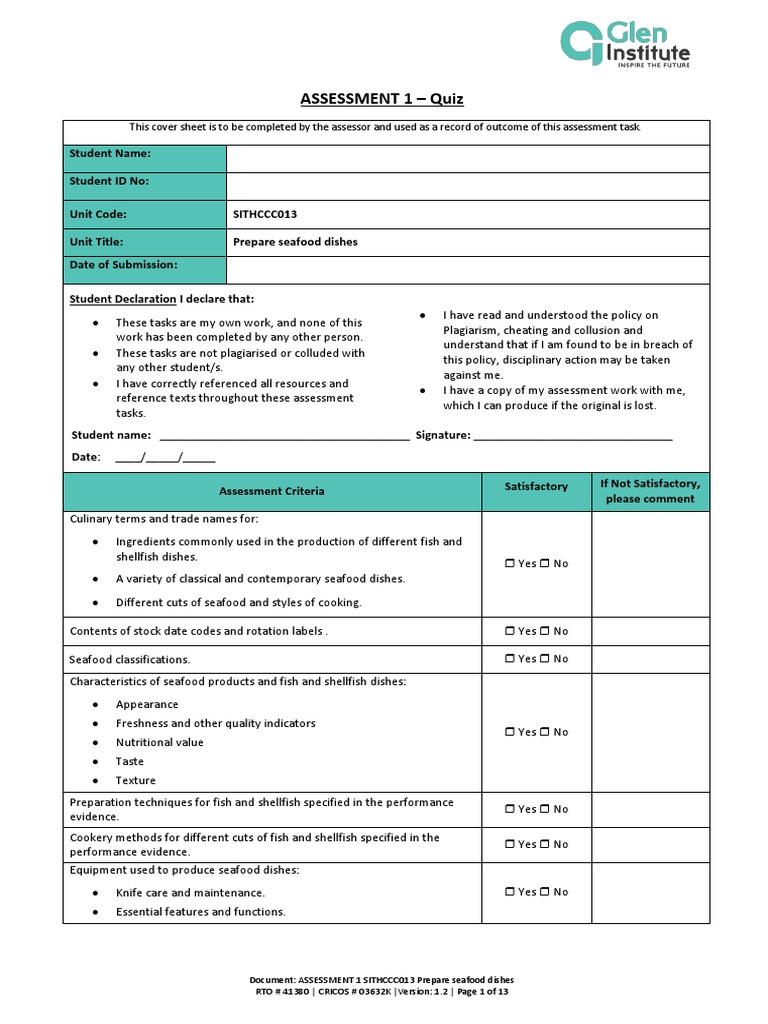 ASSESSMENT 1 SITHCCC013 Prepare Seafood Dishes | PDF | Seafood | Bivalvia
