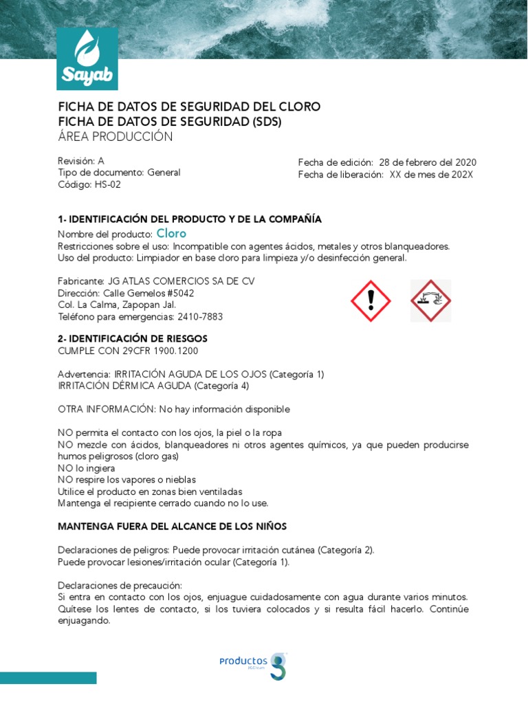 Cloro - Hoja de Seguridad | PDF | Agua | Naturaleza