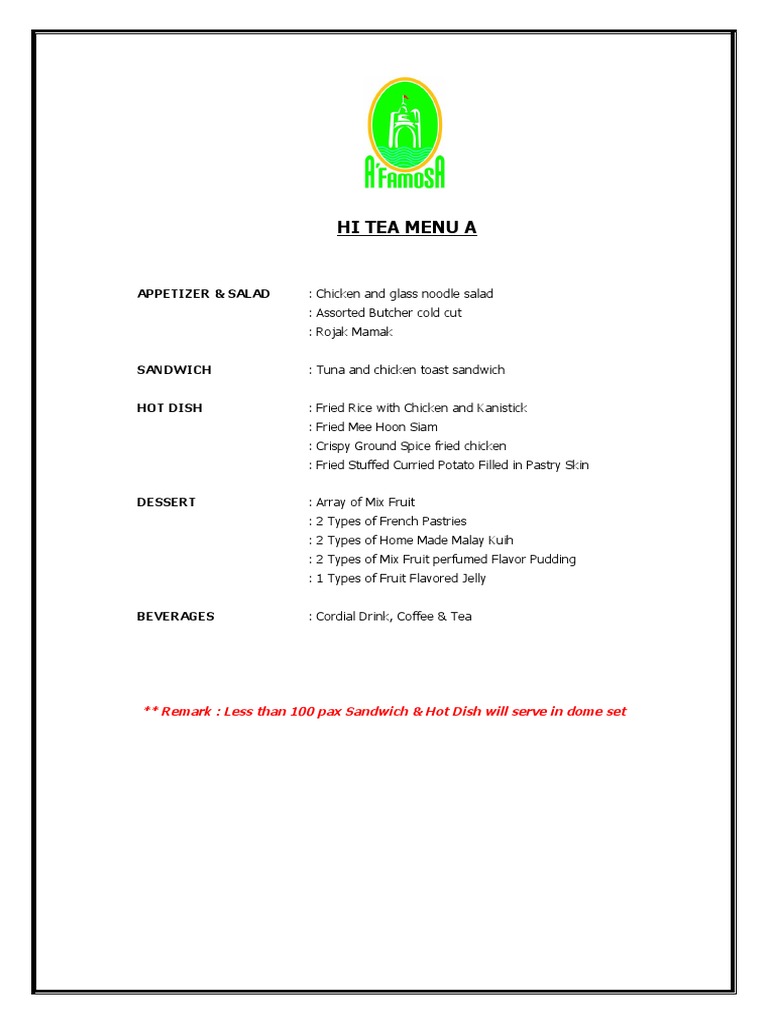 Hi Tea Menu Options A & B | PDF