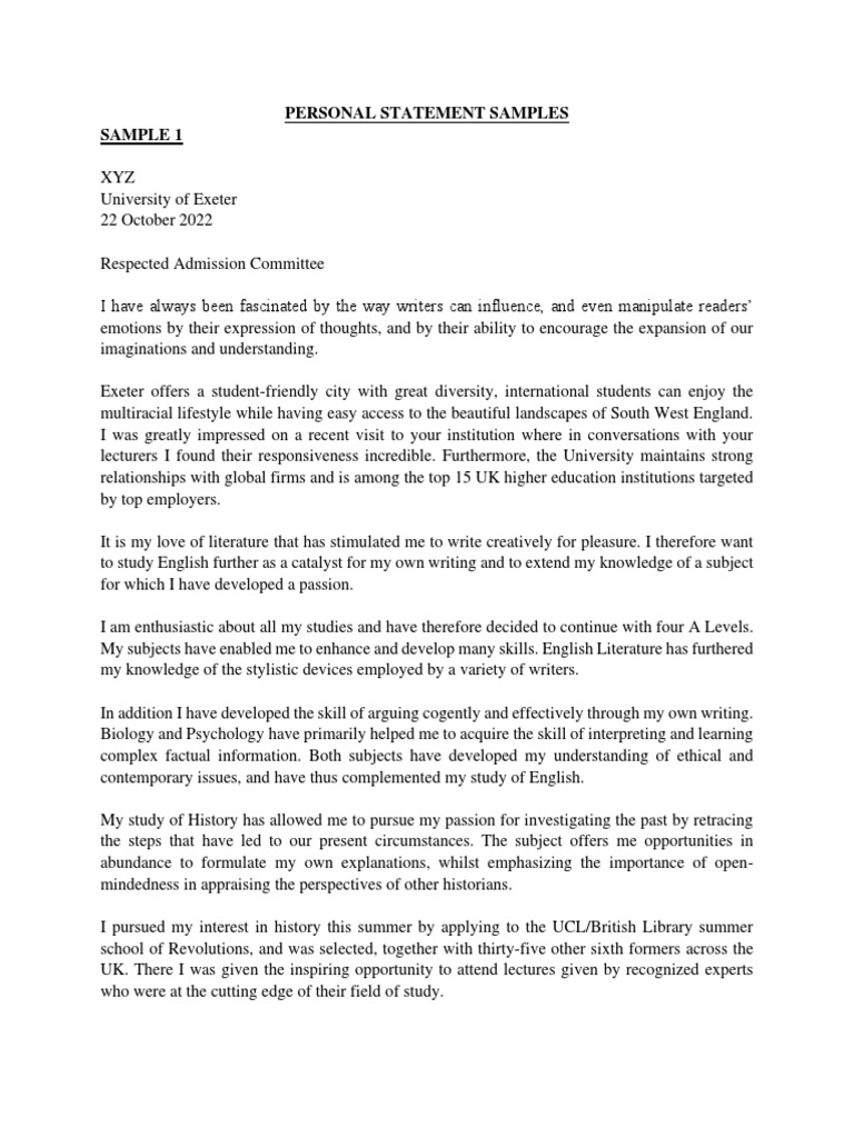 English Literature Personal Statement Samples | PDF | Academic Degree ...