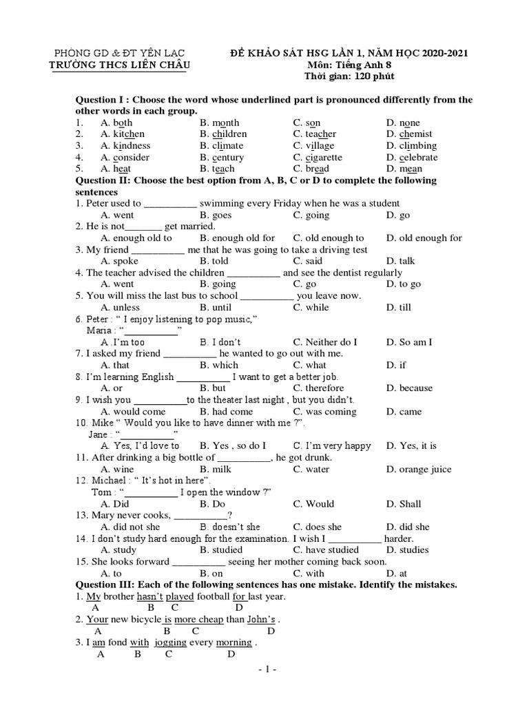 Tailieuxanh de Thi KSCL Hoc Sinh Gioi Mon Tieng Anh 8 Nam 2020 2021 Co ...