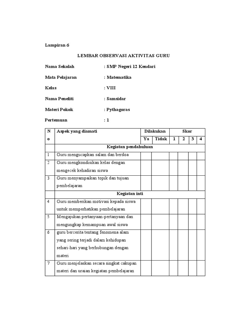 Lembar Observasi Guru Dan Siswa | PDF | Seni