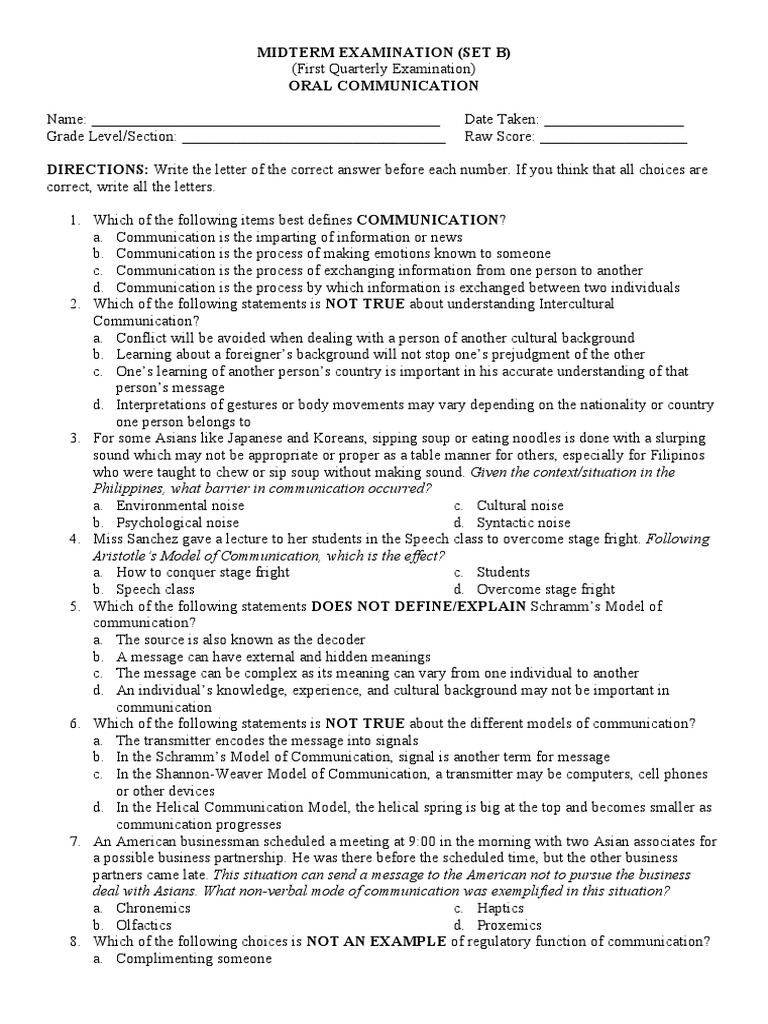 Midterm Exam in Oral Communication - Key Answers | PDF