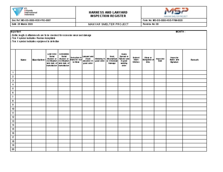 MS-DD-3000-HSE-FRM-0020 - Harness Inspection Register | PDF ...