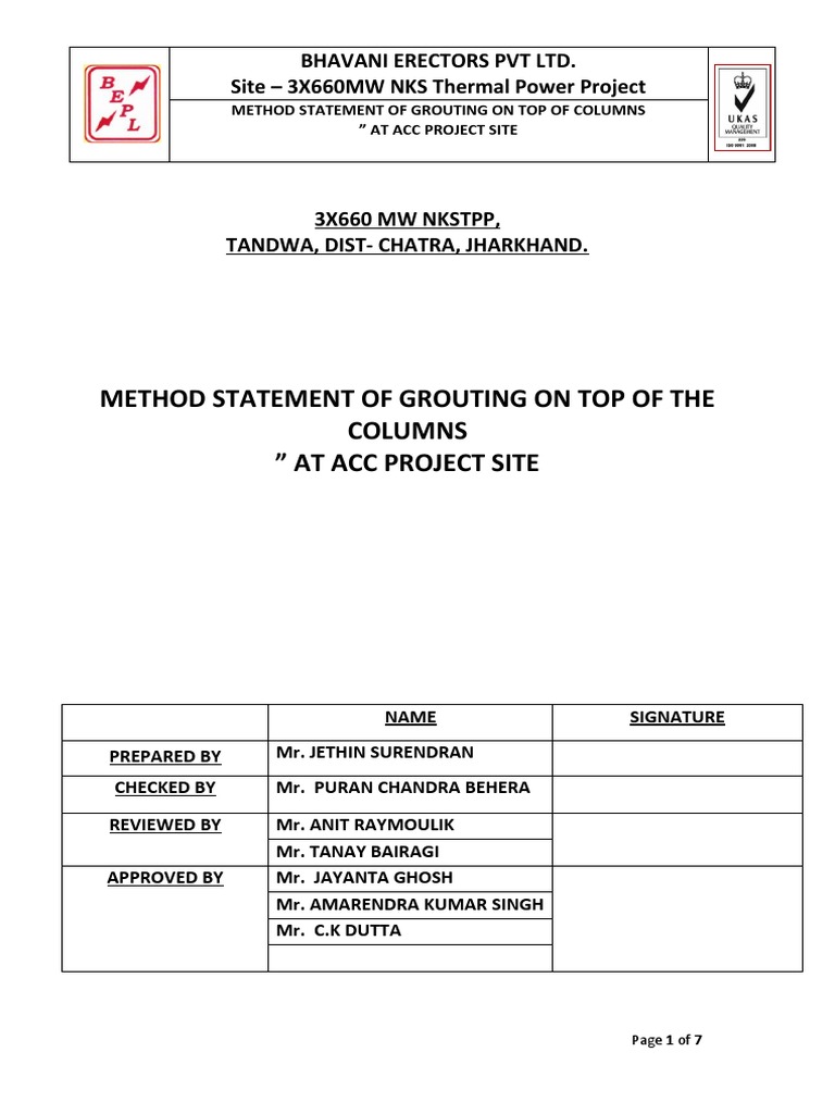 Grouting Method Statement for Columns | PDF