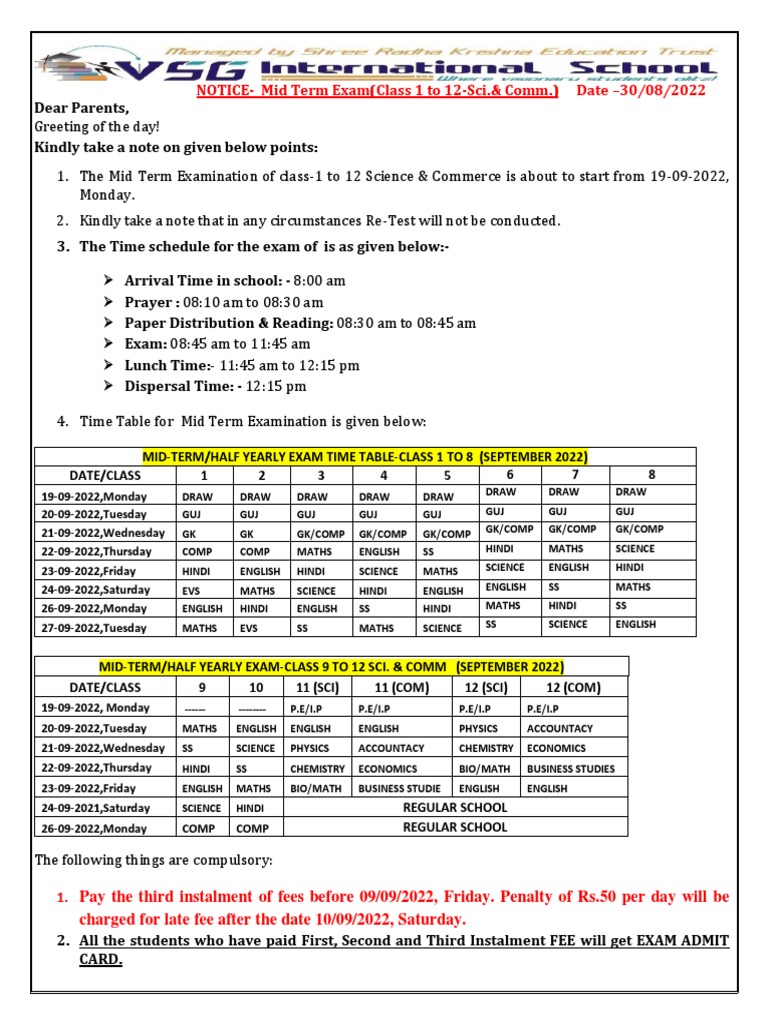 Mid Term Exam Notice | PDF | Fee