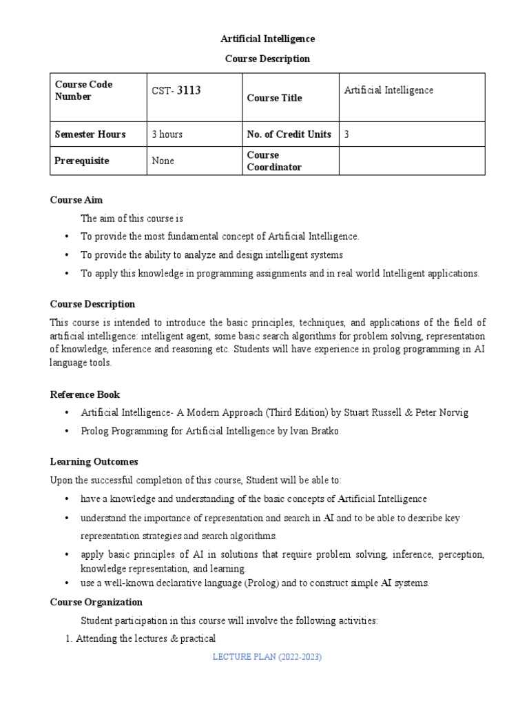 CST-3113 (AI) - 2022-Lecture Plan | PDF | Artificial Intelligence ... CST-3113 (AI) - 2022-Lecture Plan | PDF | Artificial Intelligence ...