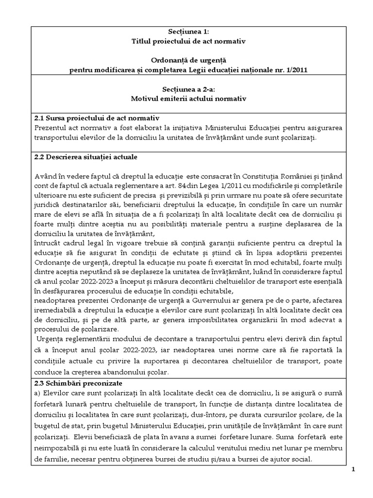 Nota de Fundamentare Oug Transport Elevi | PDF