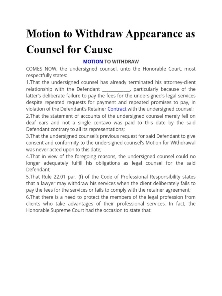 Motion To Withdraw Appearance As Counsel For Cause | PDF | Lawyer | Private Law