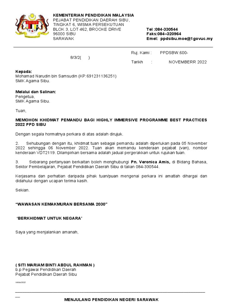 Memohon Khidmat Pemandu Program Hip Surat Cikgu Veronica Amis | PDF