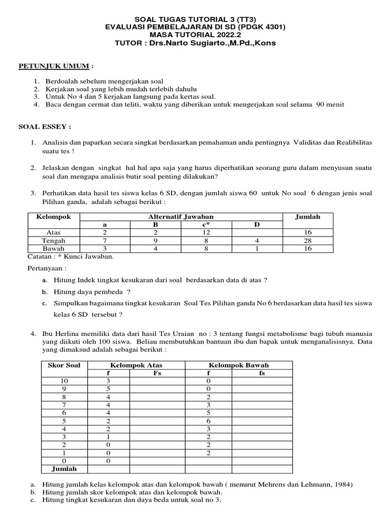 Soal Tugas Tutorial 3 Pdgk4301 - 2022.2 Evaluasi Pembelajaran | PDF