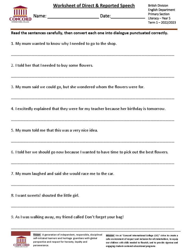 Worksheet Y5 - Direct & Reported Speech | PDF | Learning | Behavior Modification
