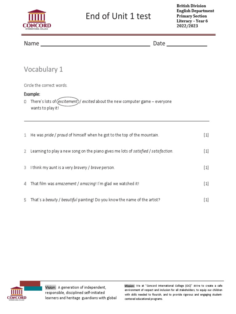 Grade 6 English Unit 1 Test | PDF | Literacy | Verb
