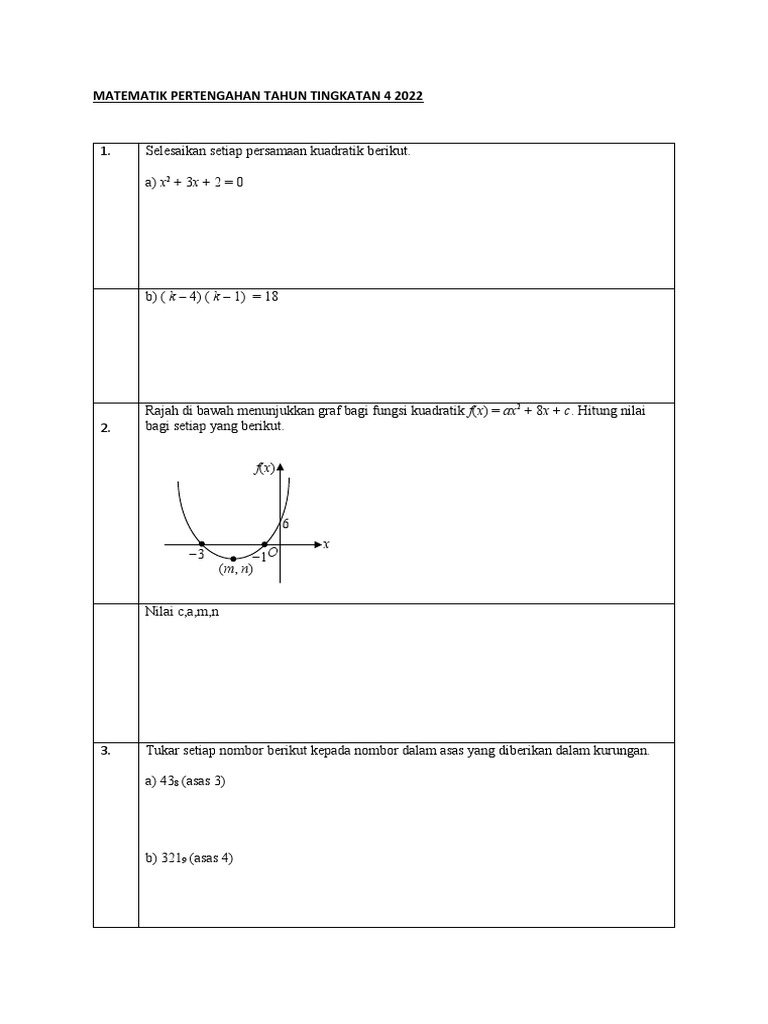 Matematik Pertengahan Tahun Tingkatan 4 2022 | PDF