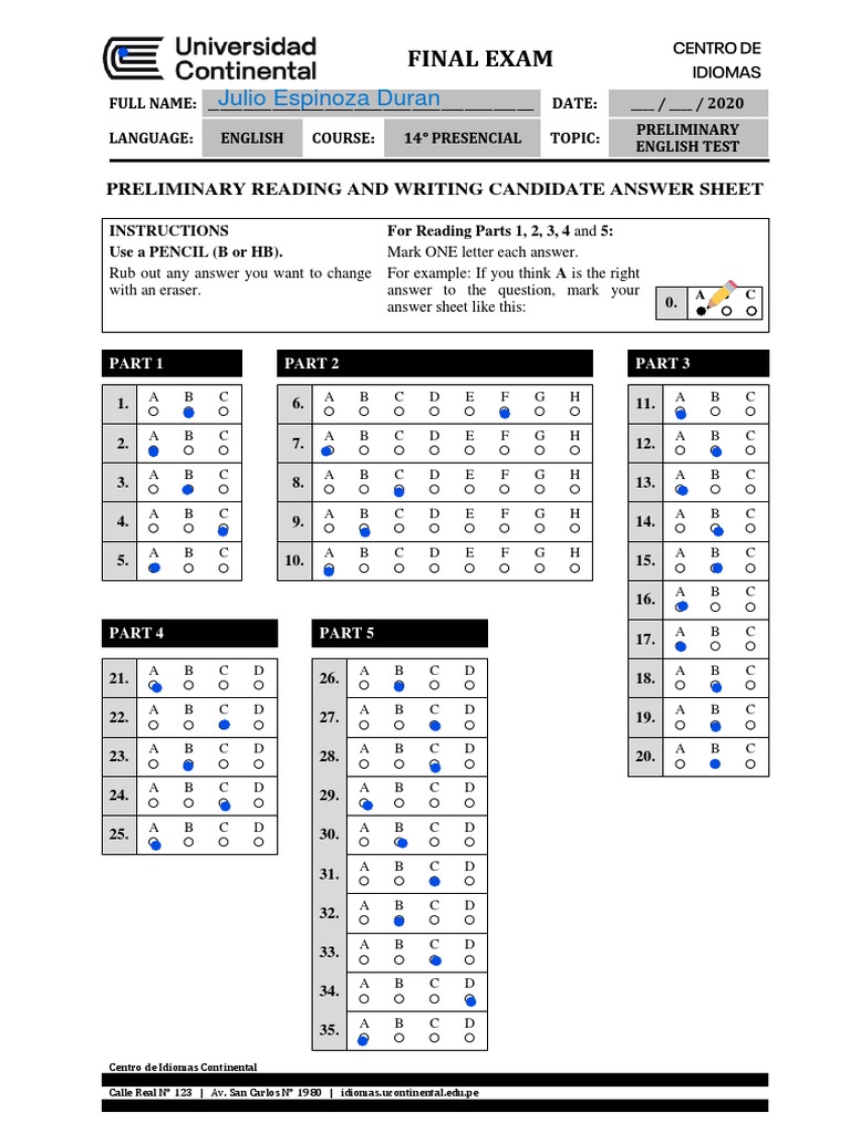 3.6. FINAL EXAM - Answer Sheet (Reading and Writing) | PDF ...