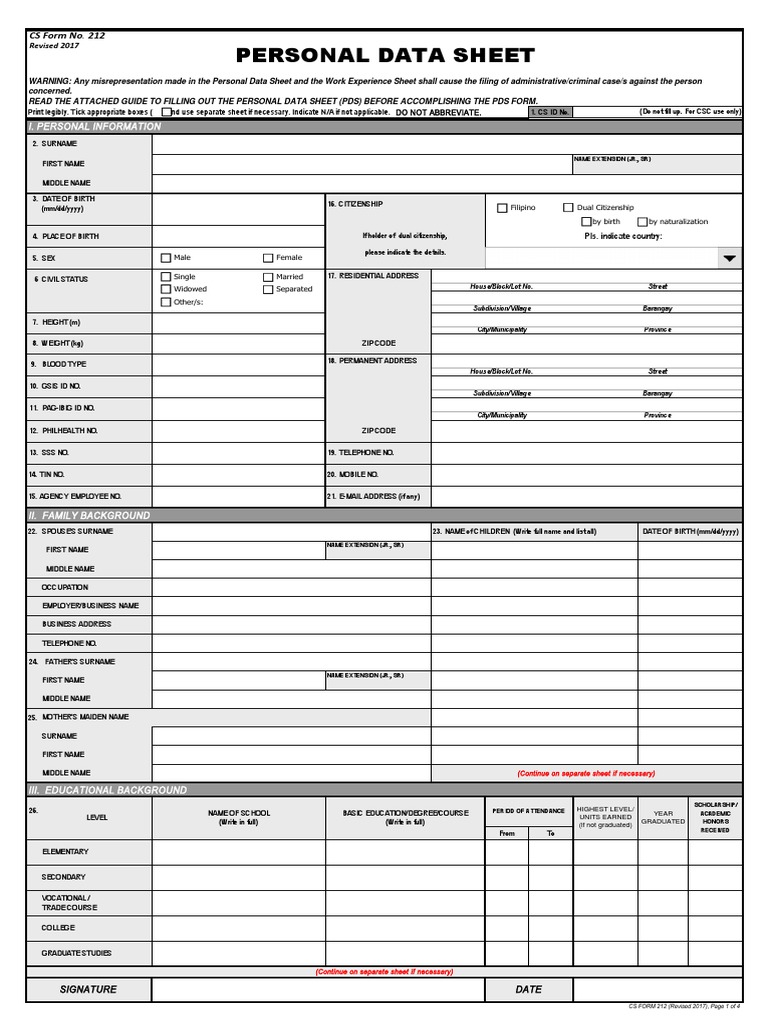 CS Form No. 212 Personal Data Sheet Revised | PDF
