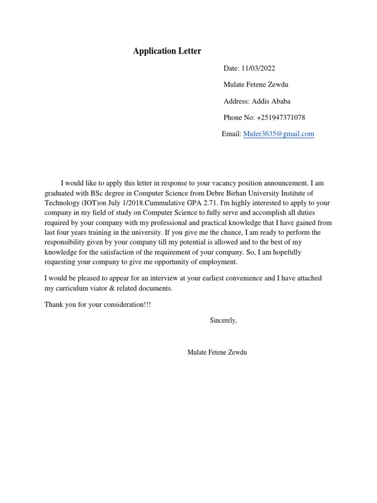 Application Letter: Sincerely | Download Free PDF | Ethiopia | Eclipse (Software)