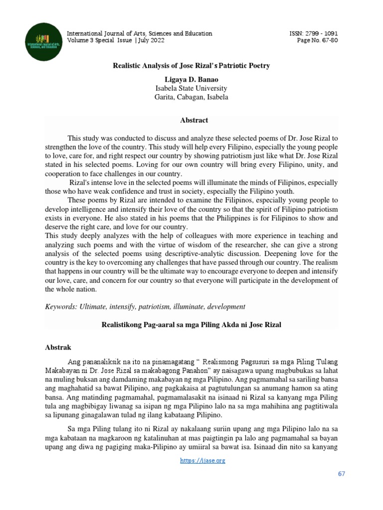 Realistic Analysis of Jose Rizal's Patriotic Poetry Ligaya D. Banao ...