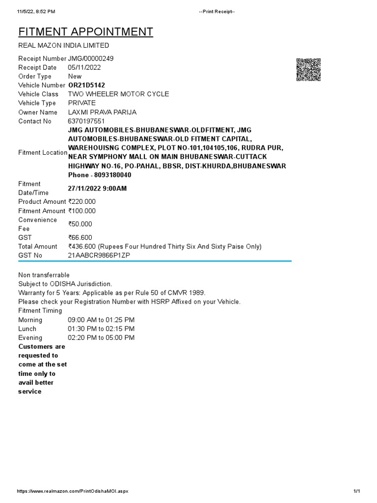 HSRP Fitment Receipt for Two-Wheeler | PDF