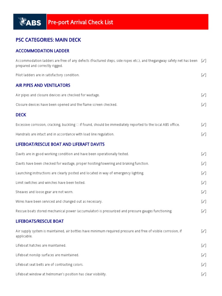 PSC PSI General Checklist-ABS | PDF | Audit | Pump