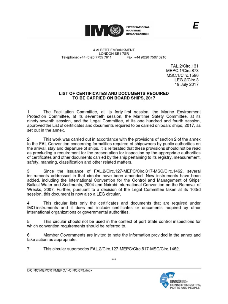 Imo List of Certificates and Documents Required | PDF | Oil Tanker | Ships