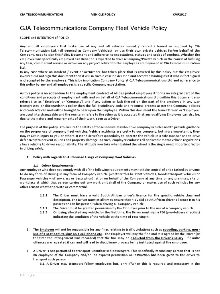 Company Fleet Vehicle Policy Template | PDF | Traffic Collision ...