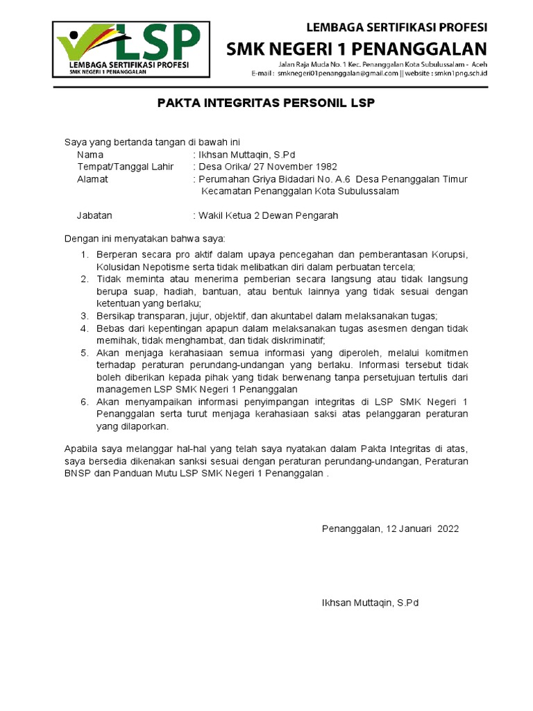 FM 02. Formulir Pakta Integritas Personil Dan Komite Skema LSP | PDF