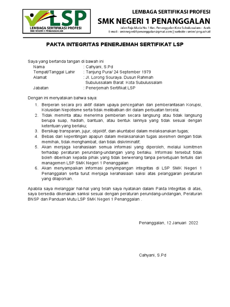 FM 02. FORMULIR PAKTA INTEGRITAS PERSONIL Penerjemah Sertifikat | PDF ...