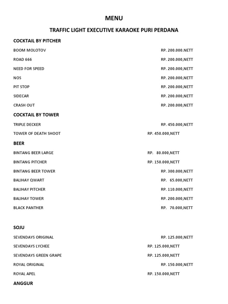 Traffic Light Karaoke Drink Menu | PDF | Soft Drink | Convenience Food