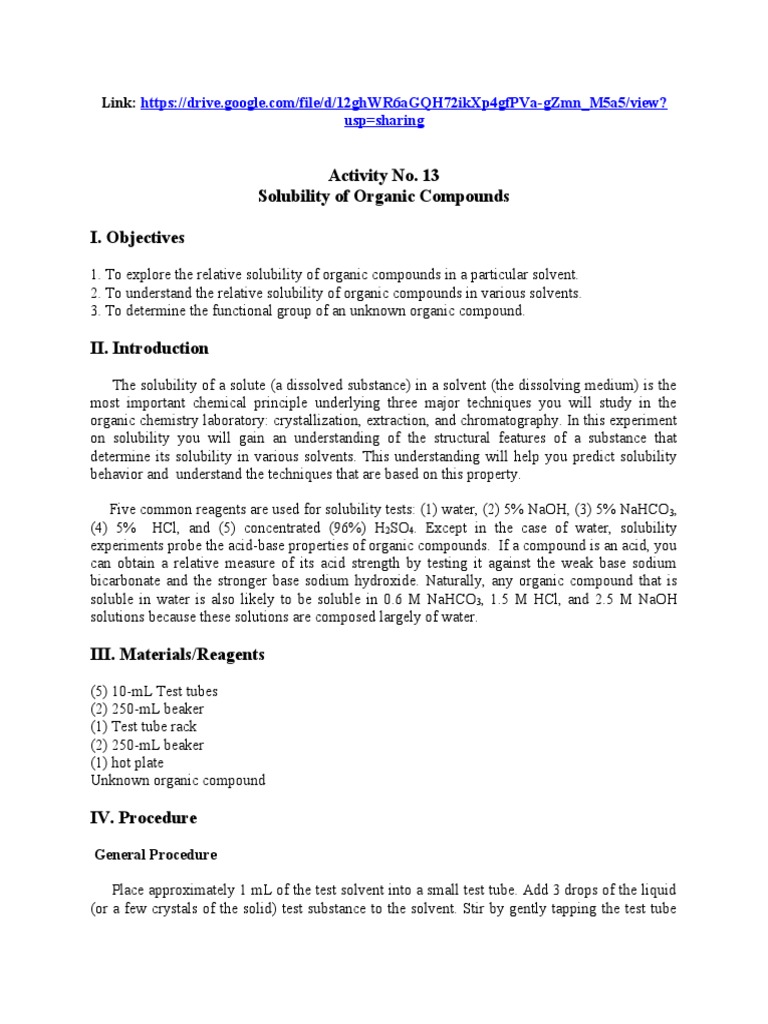 Organic Compounds Solubility Testing Guide | PDF | Solubility | Ethanol