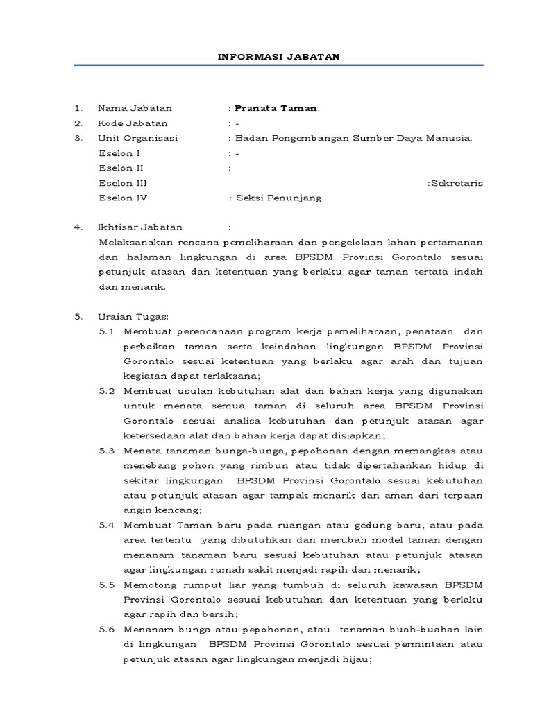Deskripsi Jabatan Pranata Taman BPSDM | PDF