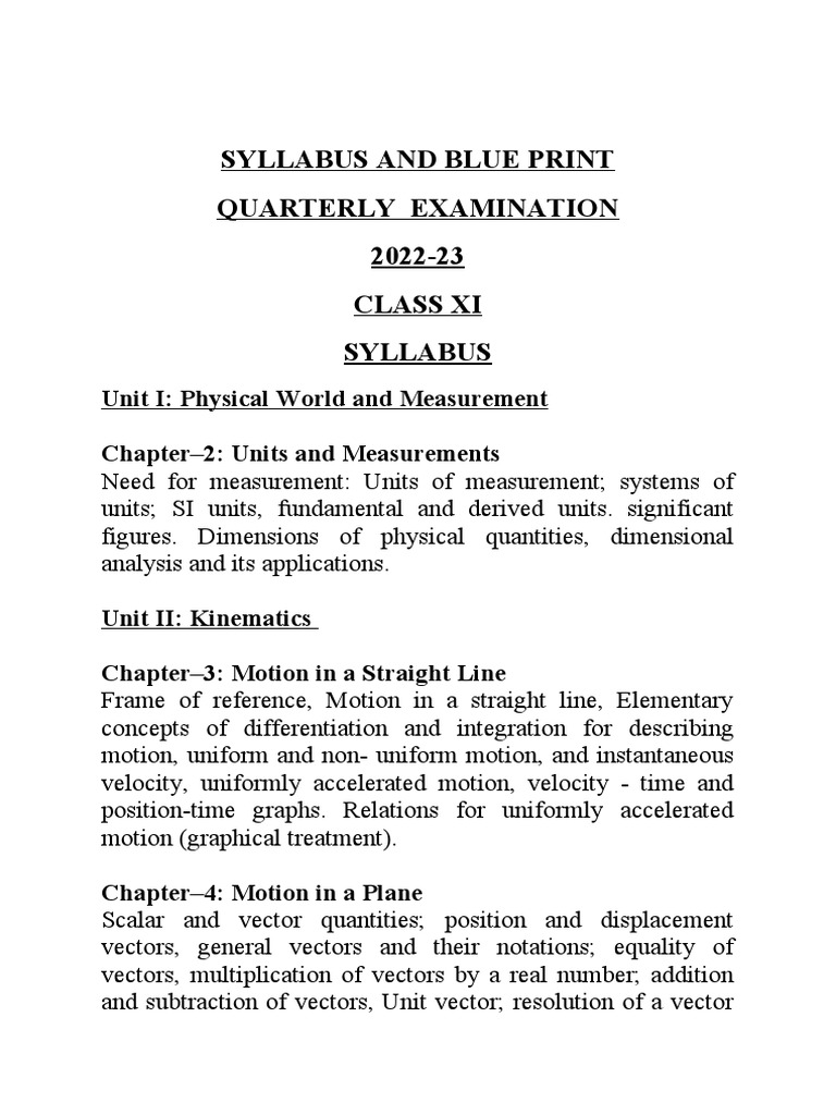 BLUE PRINT Students CLASS XI Quarterly 2022-23 PHYSICS | PDF | Rotation Around A Fixed Axis | Force