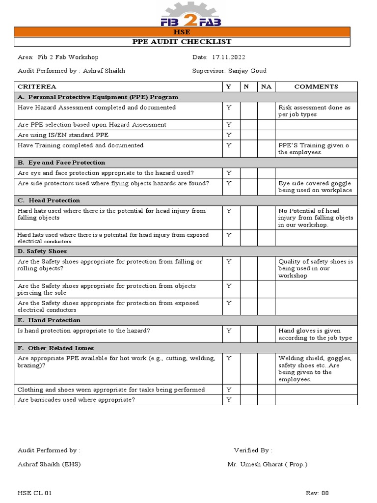 Ppe Audit Checklist | PDF | Personal Protective Equipment | Labor Relations