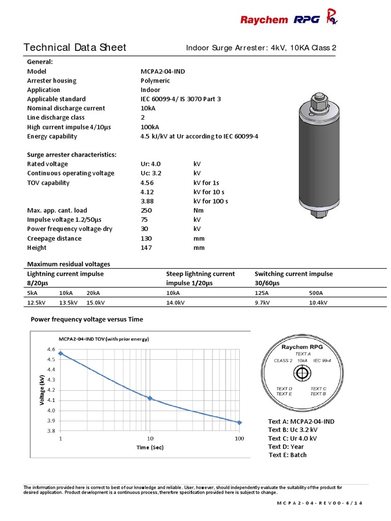 Indoor Surge Arrester Technical Data Sheet: 4kV, 10kA Class 2 Model MCPA2-04-IND | PDF