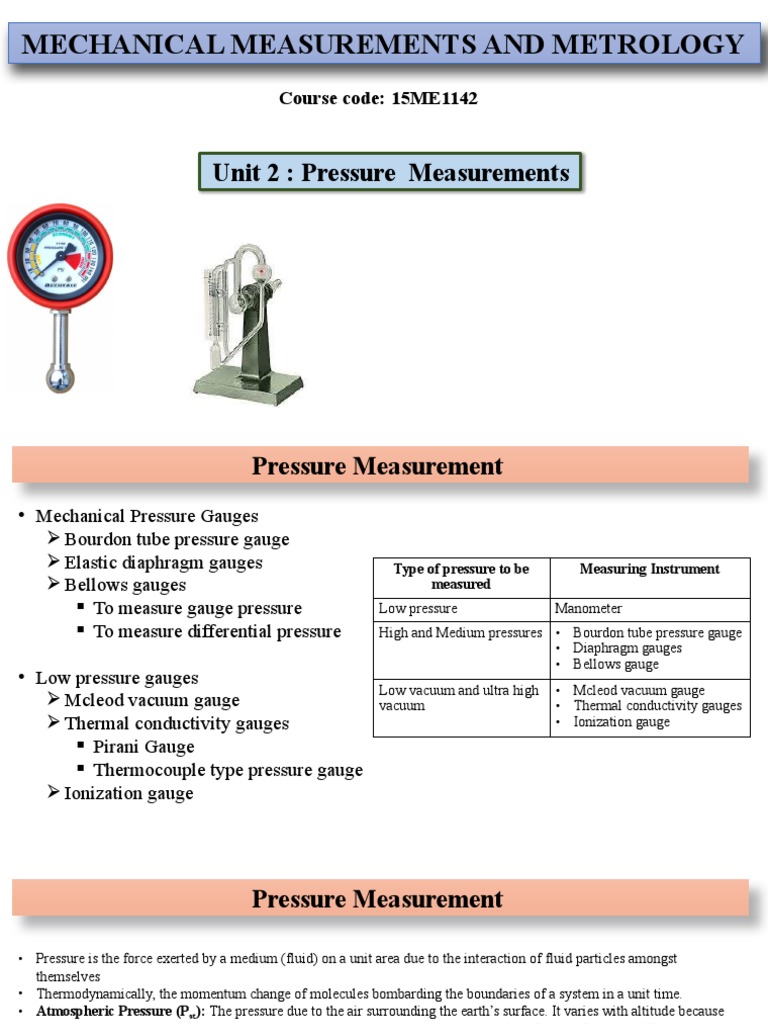 MMM Lecture - Unit 2 - Pressure Measurement | PDF | Pressure Measurement | Vacuum